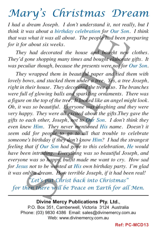 Mary's Christmas Dream Prayer Card 13 - Divine Mercy Publications Pty. Ltd.