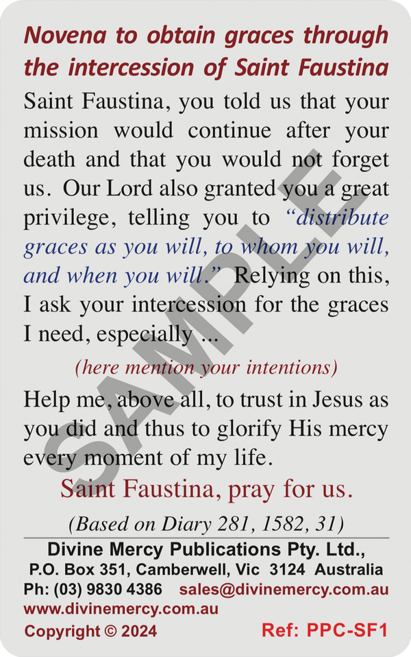 Novena Prayer to St Faustina- Wallet Size - Divine Mercy Publications Pty. Ltd.